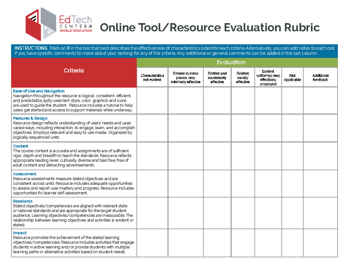 Online Tool/Resource Evaluation Rubric - EdTech Center Resource ...