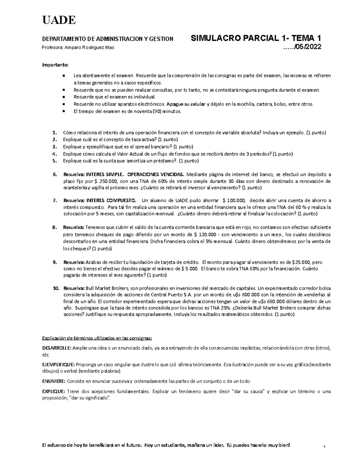 Simulacro Parcial 1 - FORM. PROY - UADE DEPARTAMENTO DE ADMINISTRACION ...