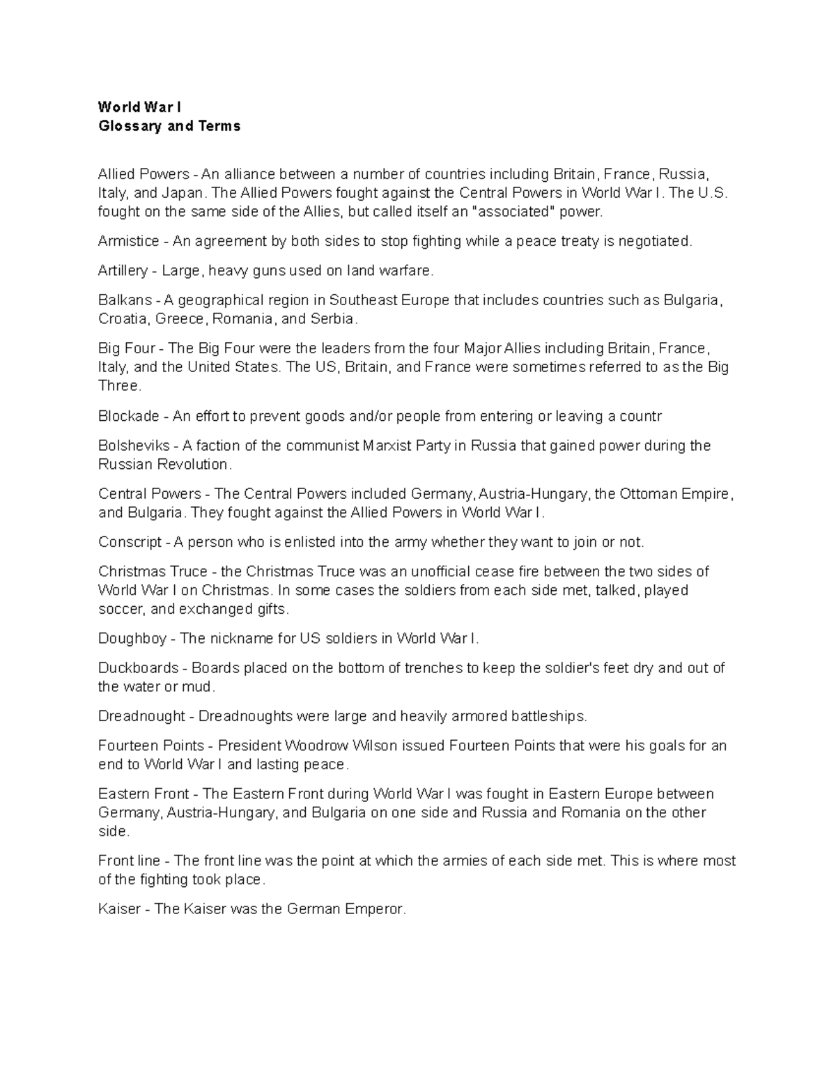 World War 1 Glossary of Terms - World War I Glossary and Terms Allied ...