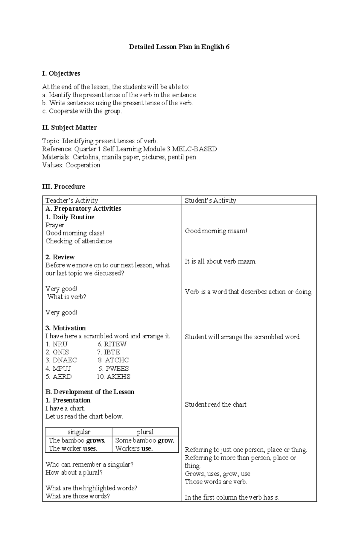 Detailed Lesson Plan in English 6 cot - Objectives At the end of the ...