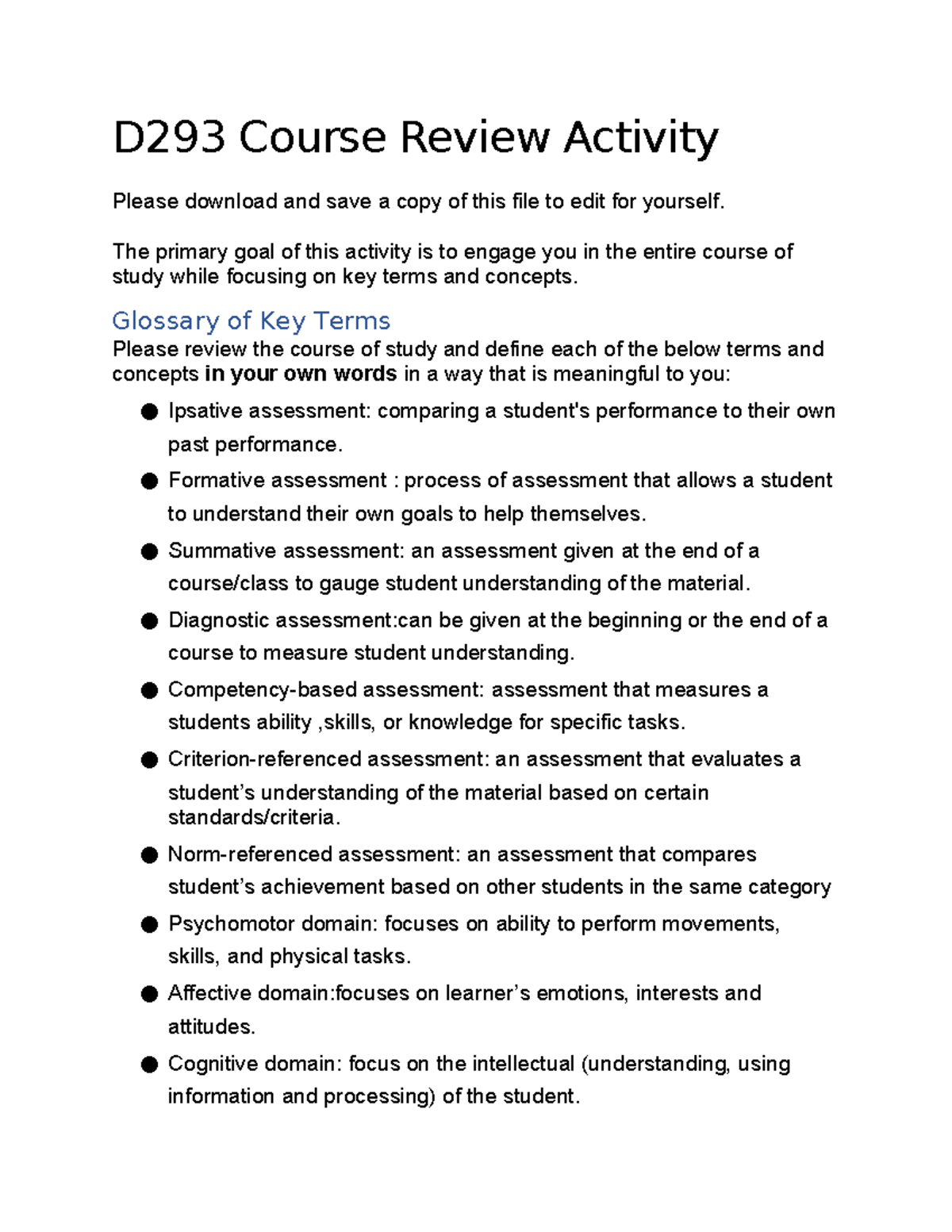 D293 Course Review Activity - D293 Course Review Activity Please ...