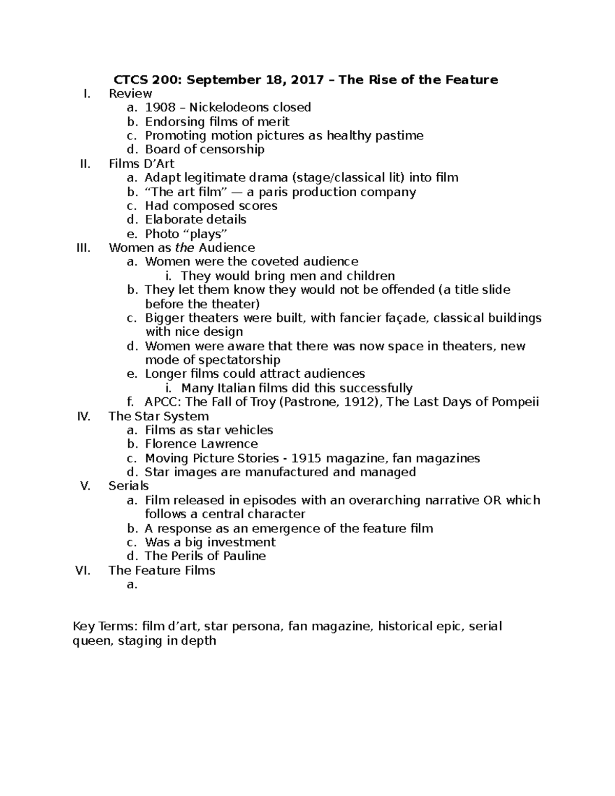 CTCS 200 9/18/17 - CTCS 200: September 18, 2017 – The Rise of the Feature I. Review a. 1908 ...