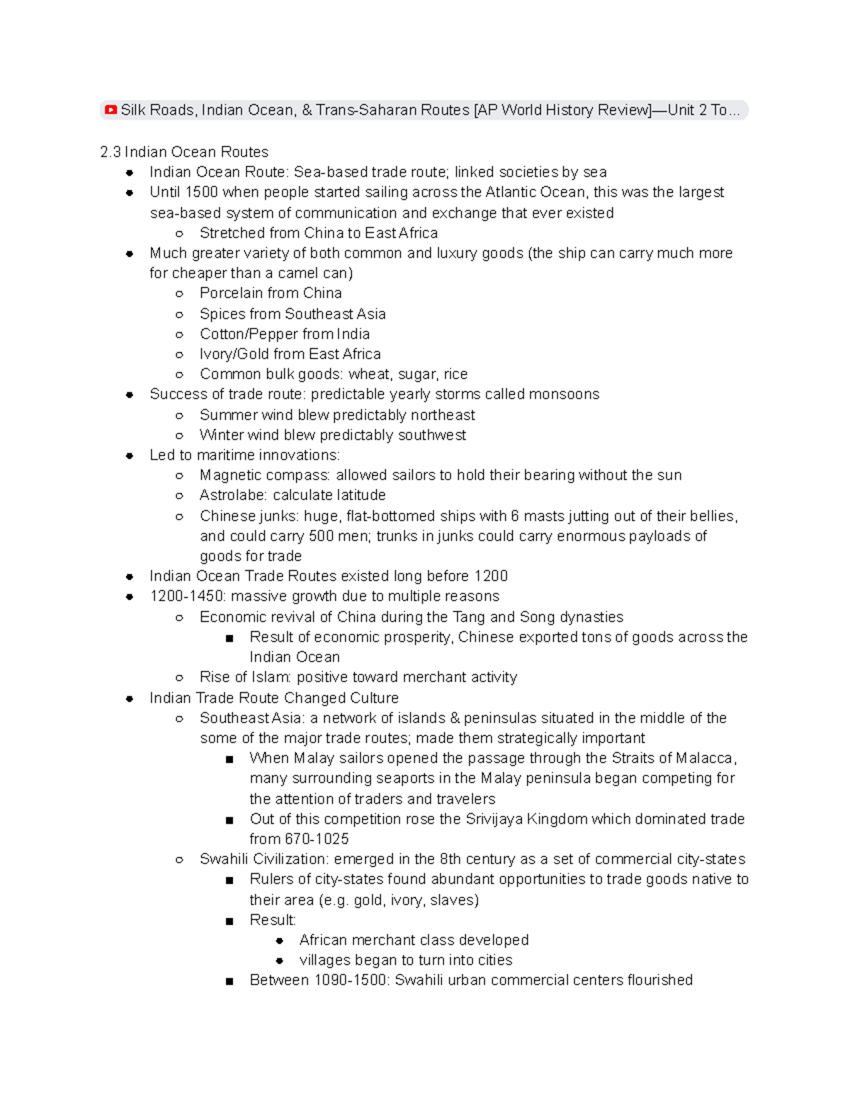 2.3 2.4 Notes - Silk Roads, Indian Ocean, & Trans-Saharan Routes [AP ...