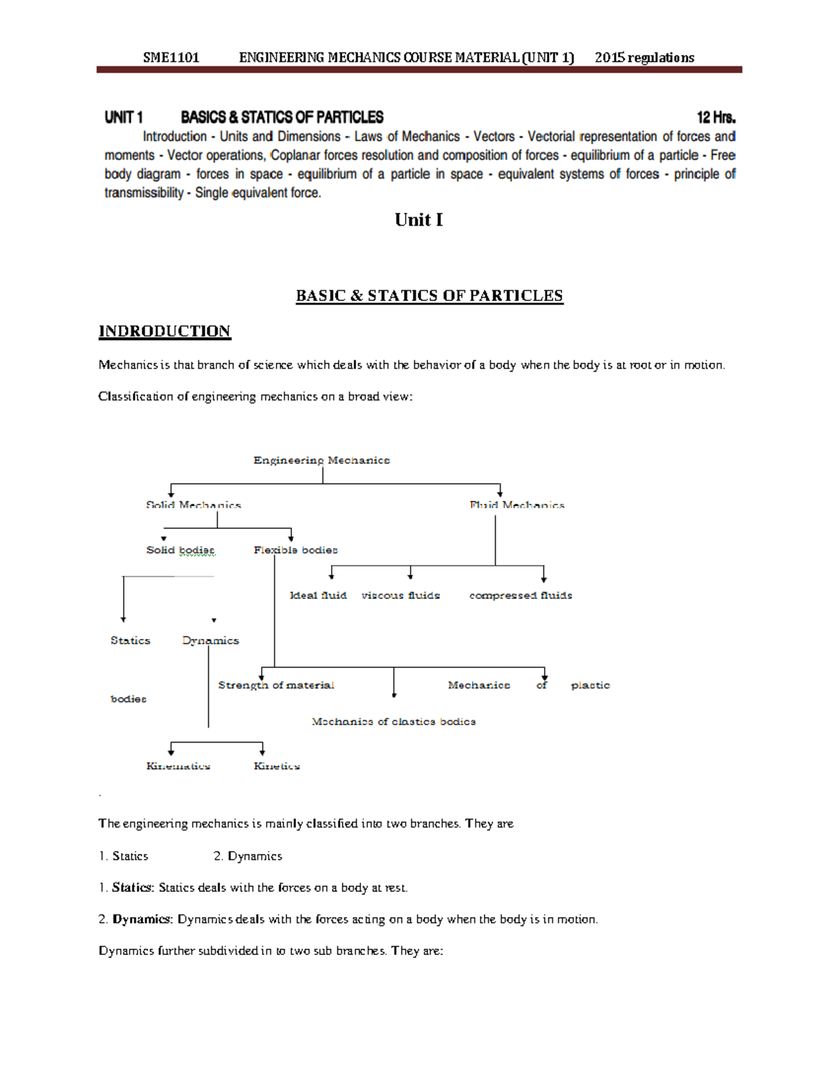 UNIT-1 10 - Unit I BASIC & STATICS OF PARTICLES INDRODUCTION Mechanics ...