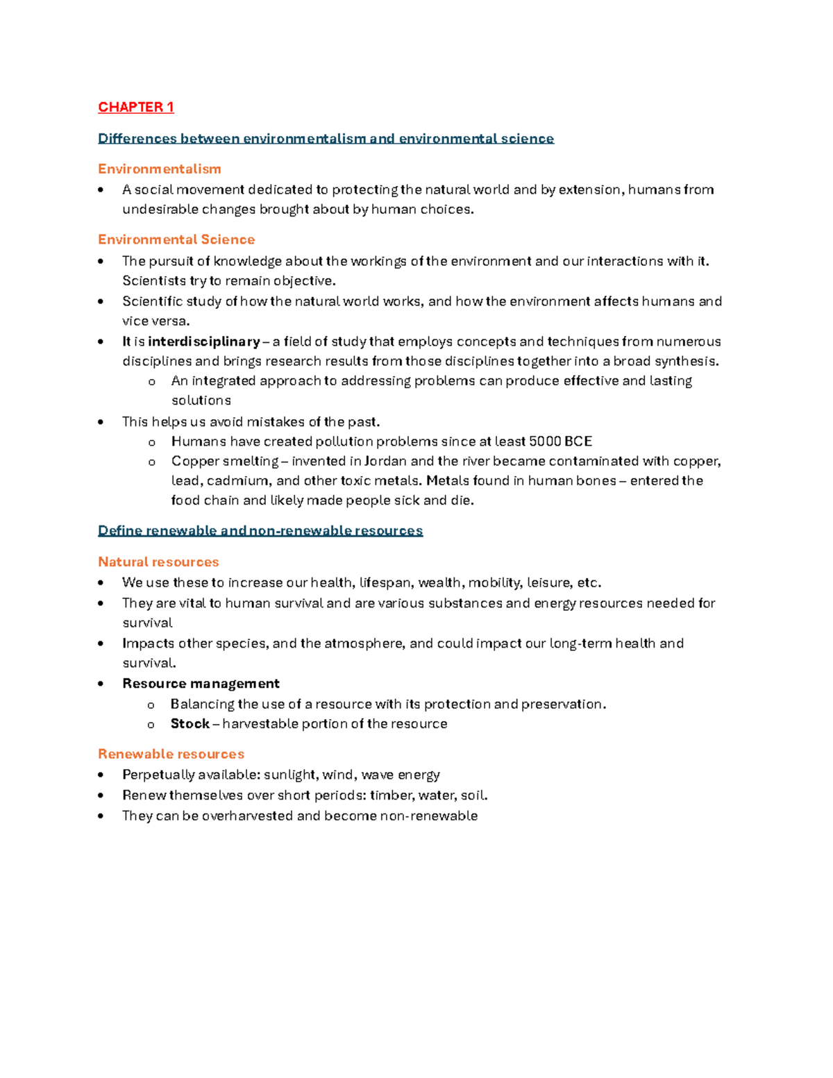 Chapter 1 Notes - Summary Intro Environmental Sciences - CHAPTER 1 ...