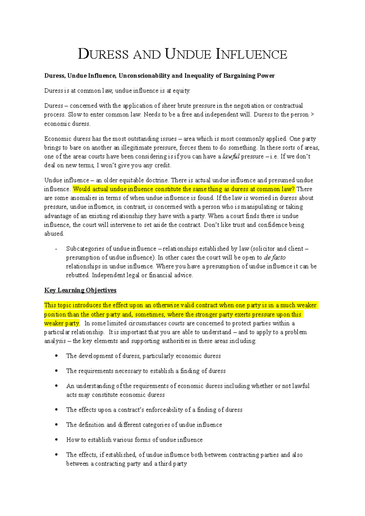 Duress and Undue Influence - DURESS AND UNDUE INFLUENCE Duress, Undue ...