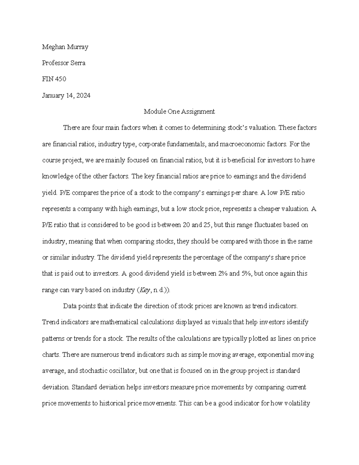 FIN 450 Module One Assignment - Meghan Murray Professor Serra FIN 450 ...