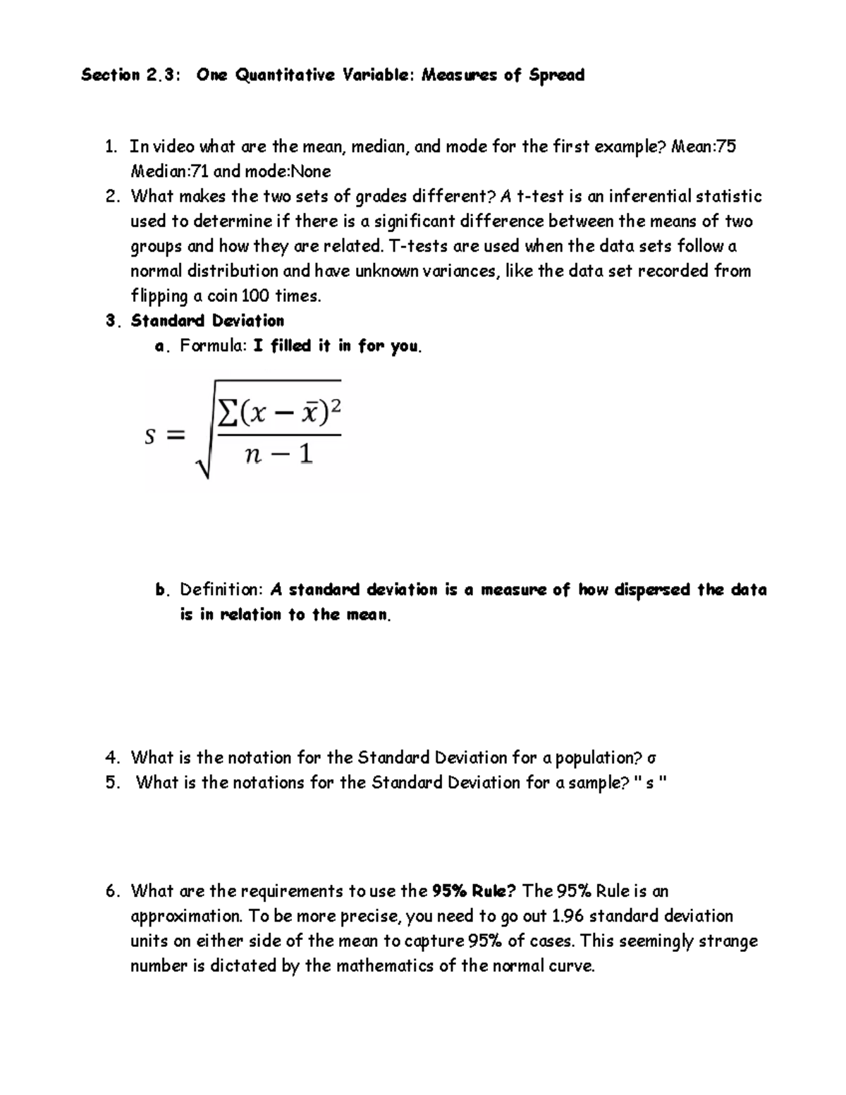 Flipped Classroom 2 - Section 2: One Quantitative Variable: Measures of Spread 1. In video what ...