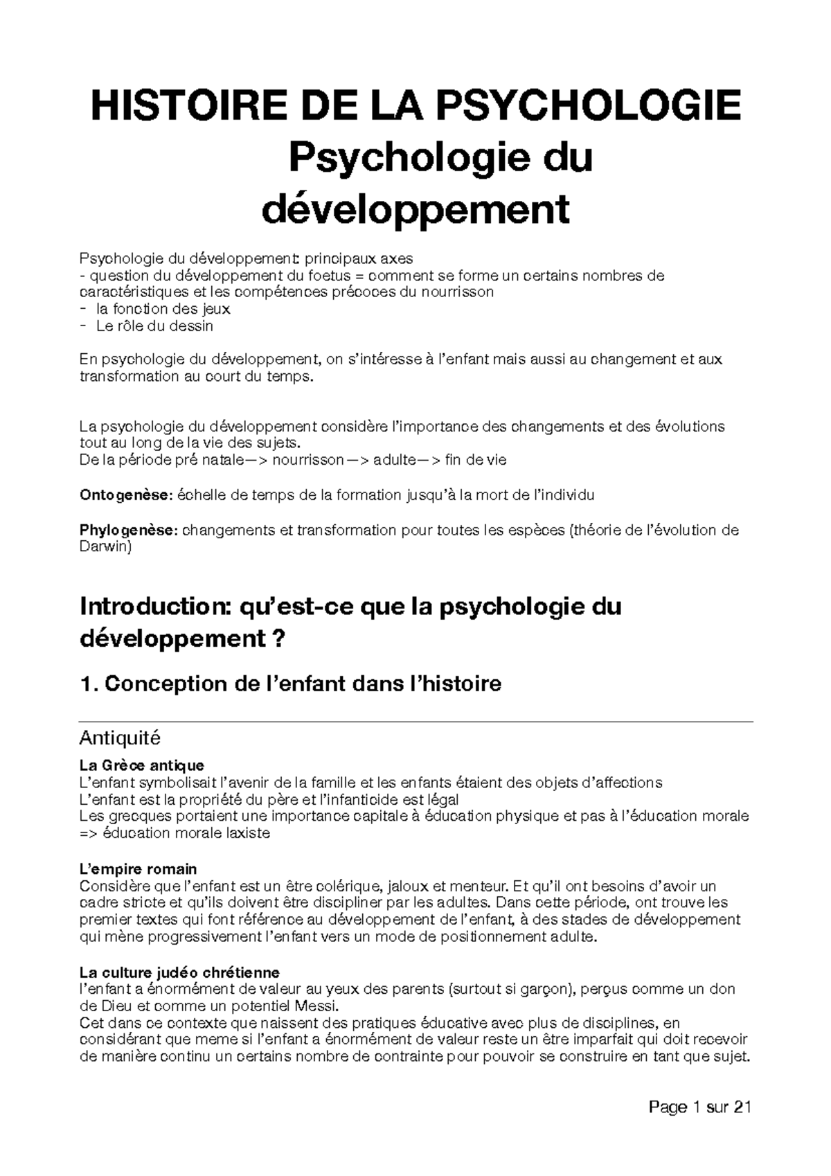 Cours Développement - HISTOIRE DE LA PSYCHOLOGIE Psychologie du ...