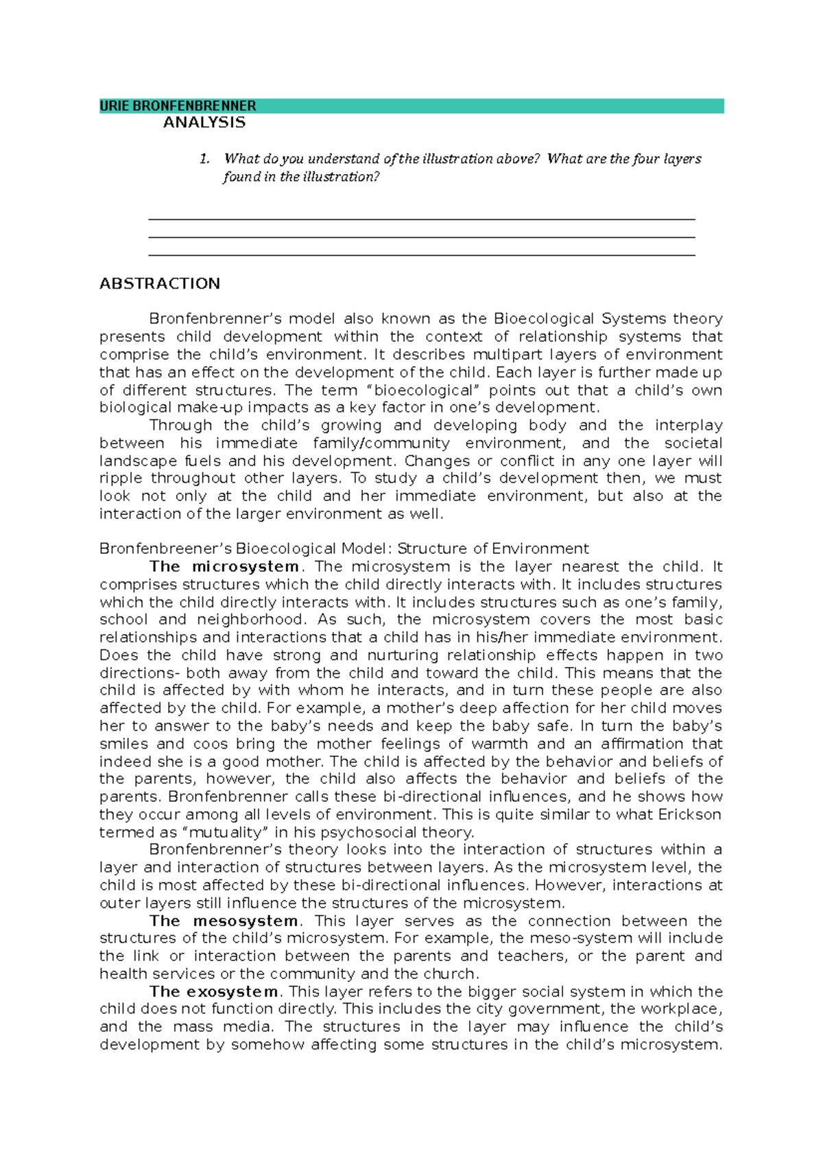 URIE Bronfenbrenner - cvnm - URIE BRONFENBRENNER ANALYSIS What do you ...