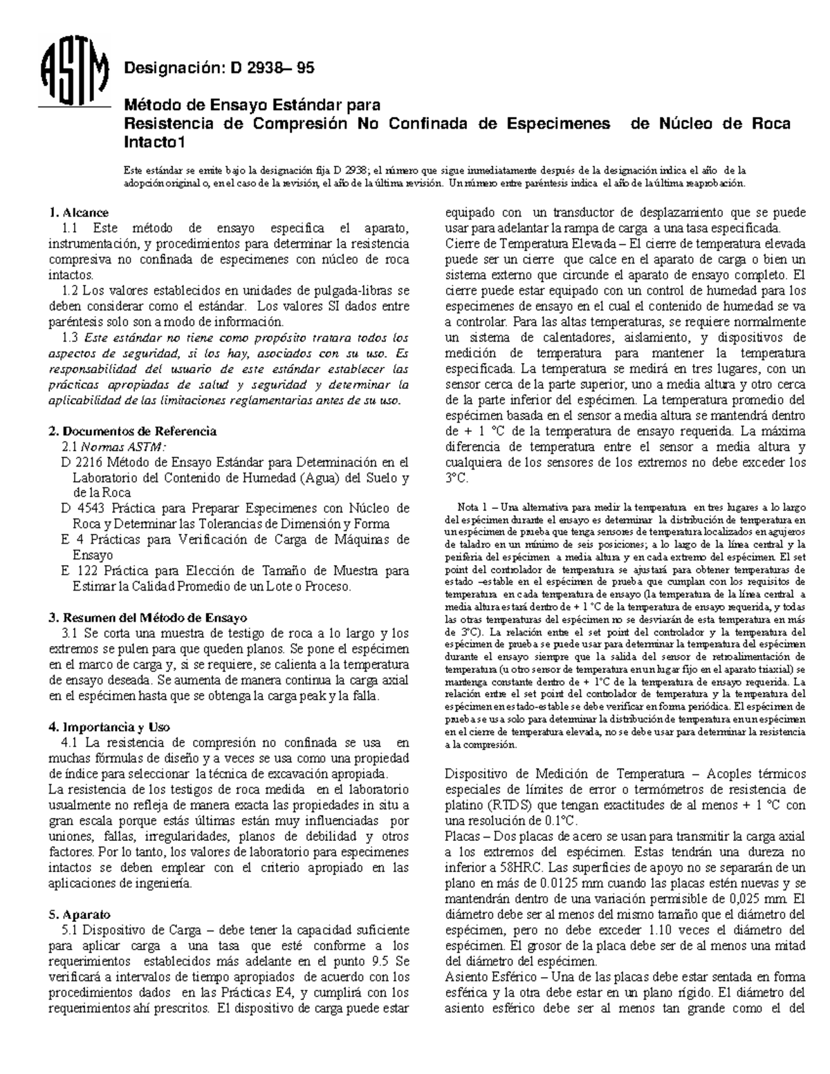 ATSM Compresion SImple - Designación: D 2938– 95 Método de Ensayo ...