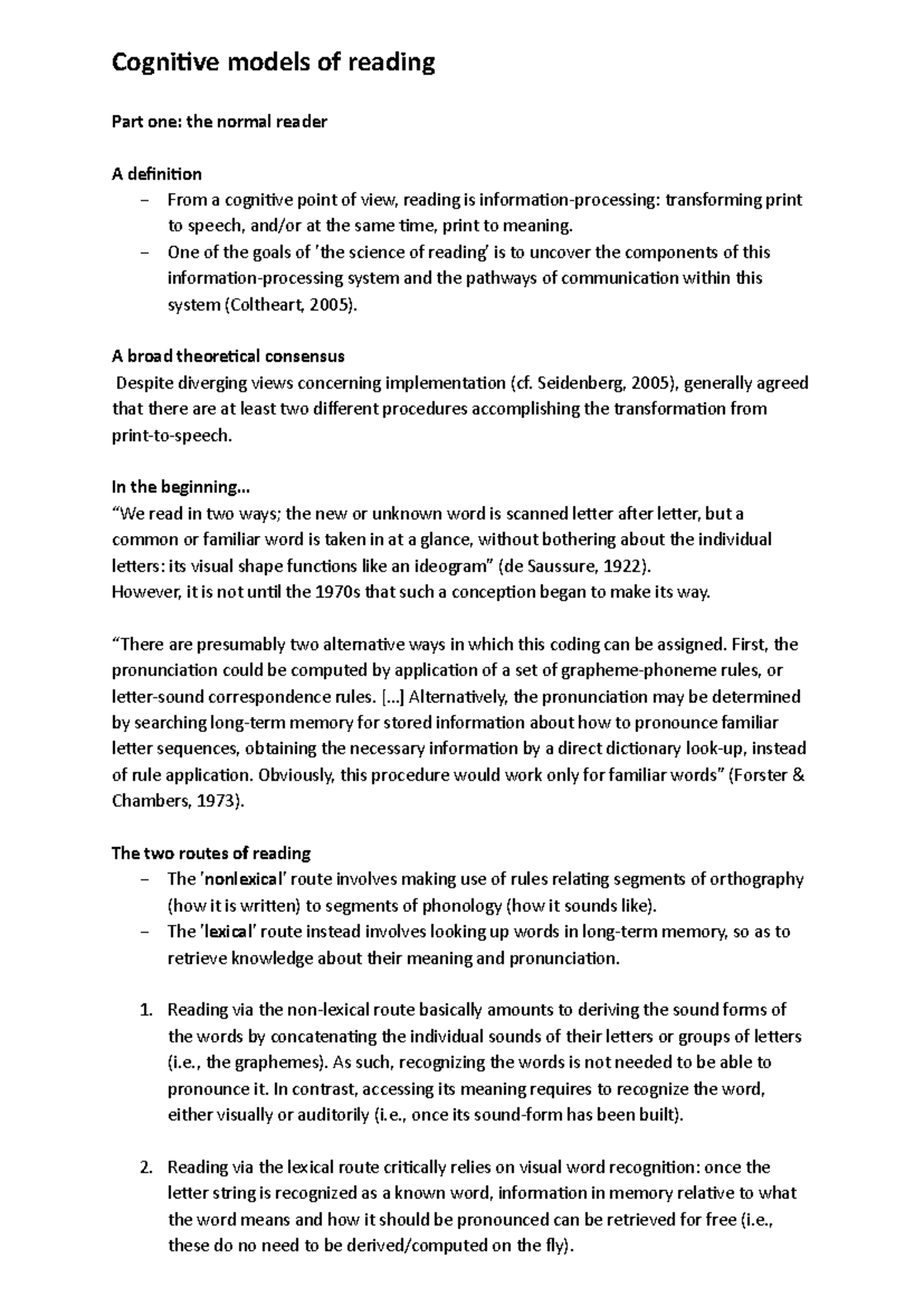 Cognitive models of reading - Cogni&ve models of reading Part one: the ...
