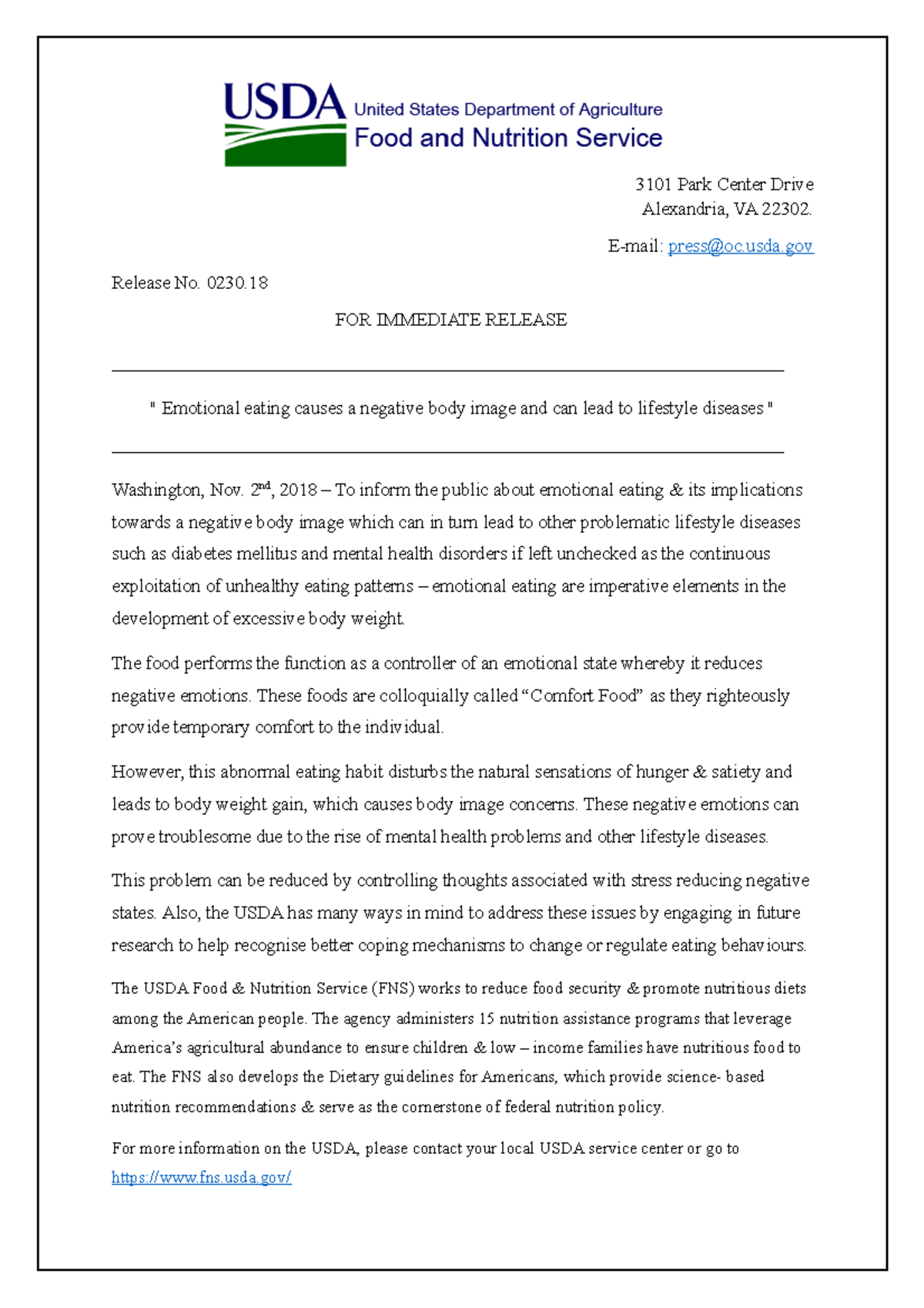 Food press release - 3101 Park Center Drive Alexandria, VA 22302. E ...