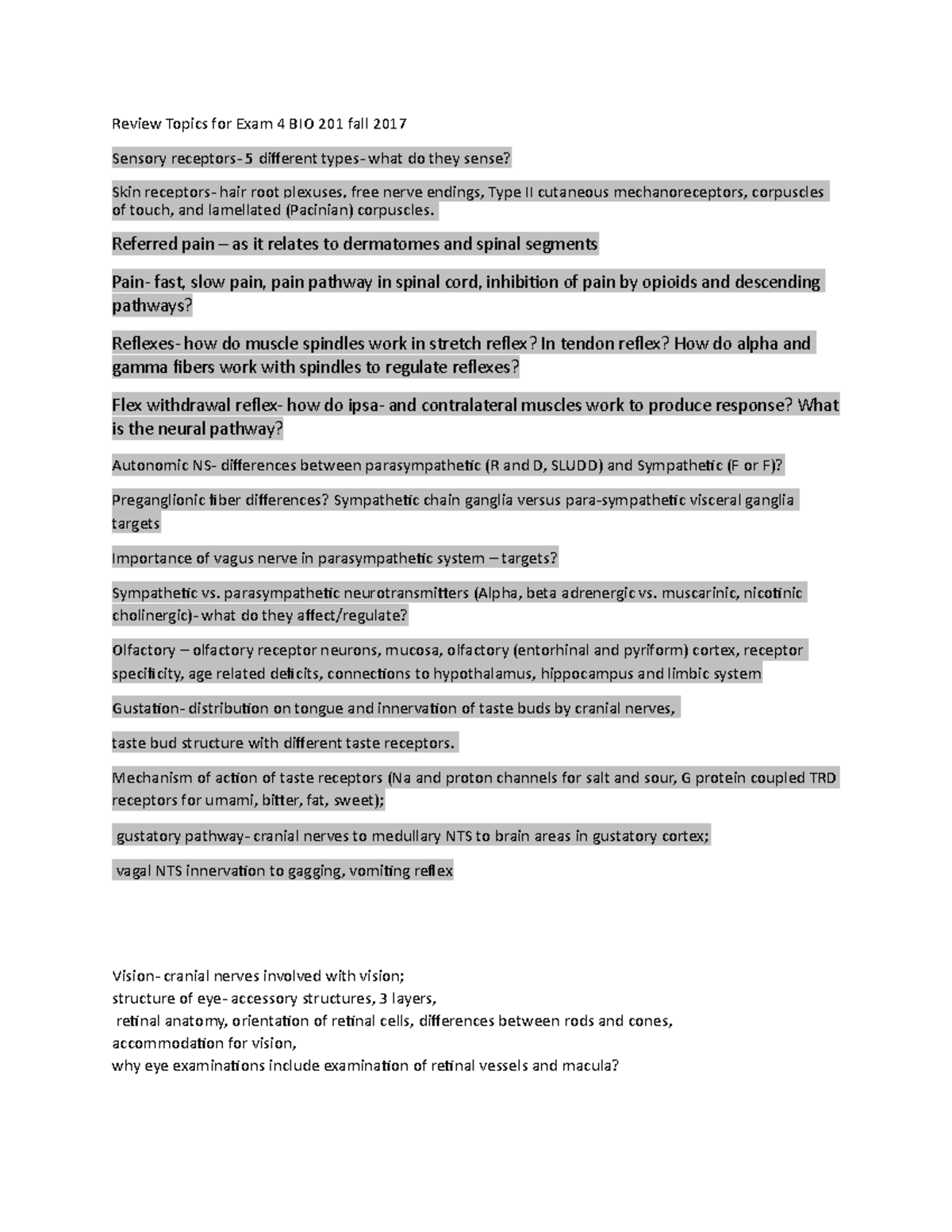 Review Topics for Exam 4 BIO 201 fall 2017 - Review Topics for Exam 4 ...