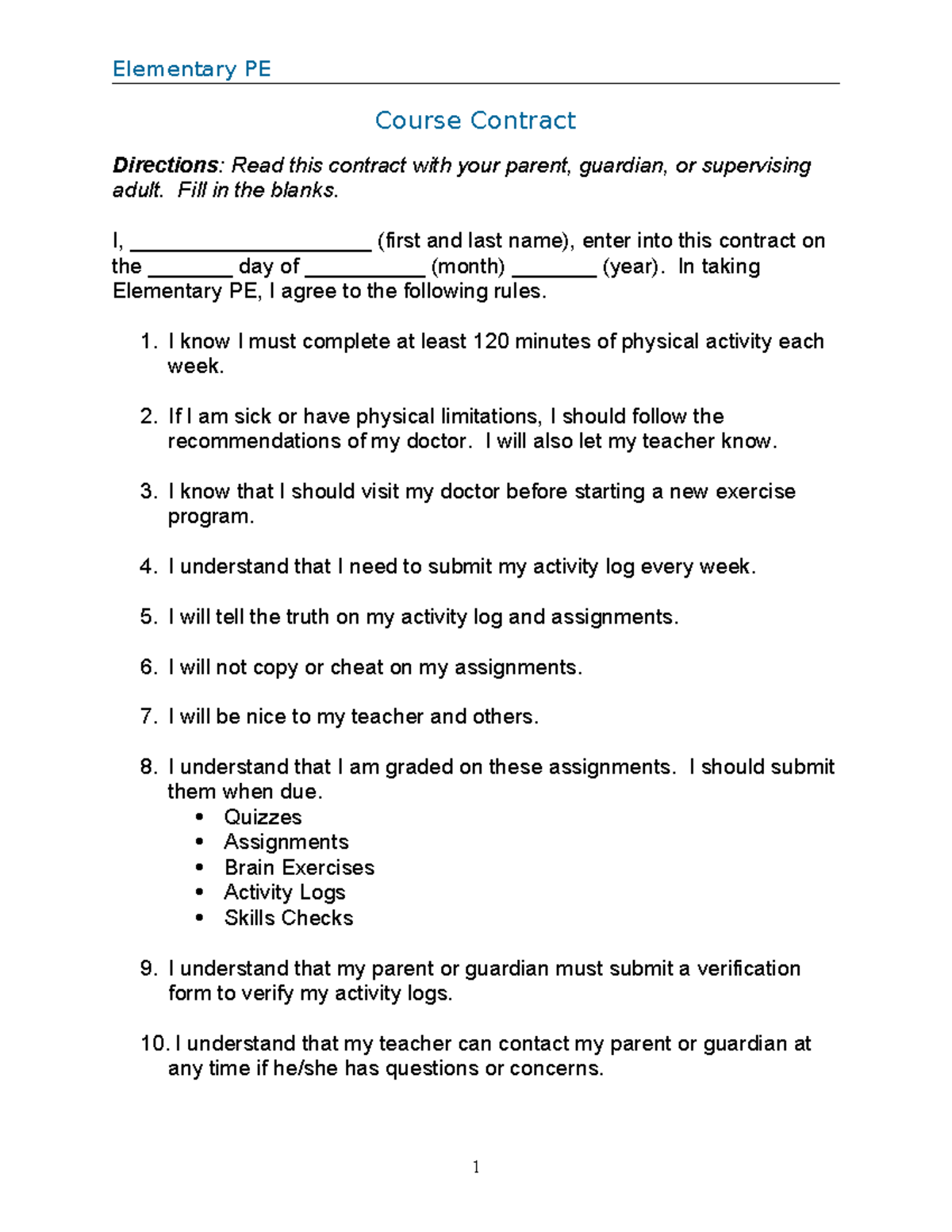 Coursecontract - aaaa - Elementary PE Course Contract Directions: Read ...