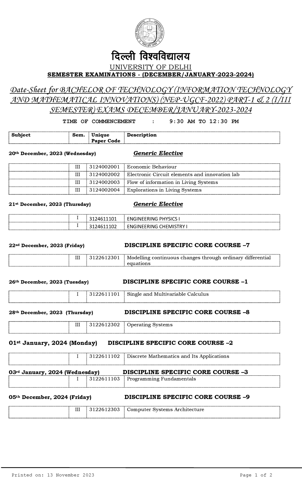 2023-11-13-CBCS-NEP-B. Tech Sem. III-I - Printed on: 13 November 2023 Page 1 of 2 fnYyh fo’ofo ...