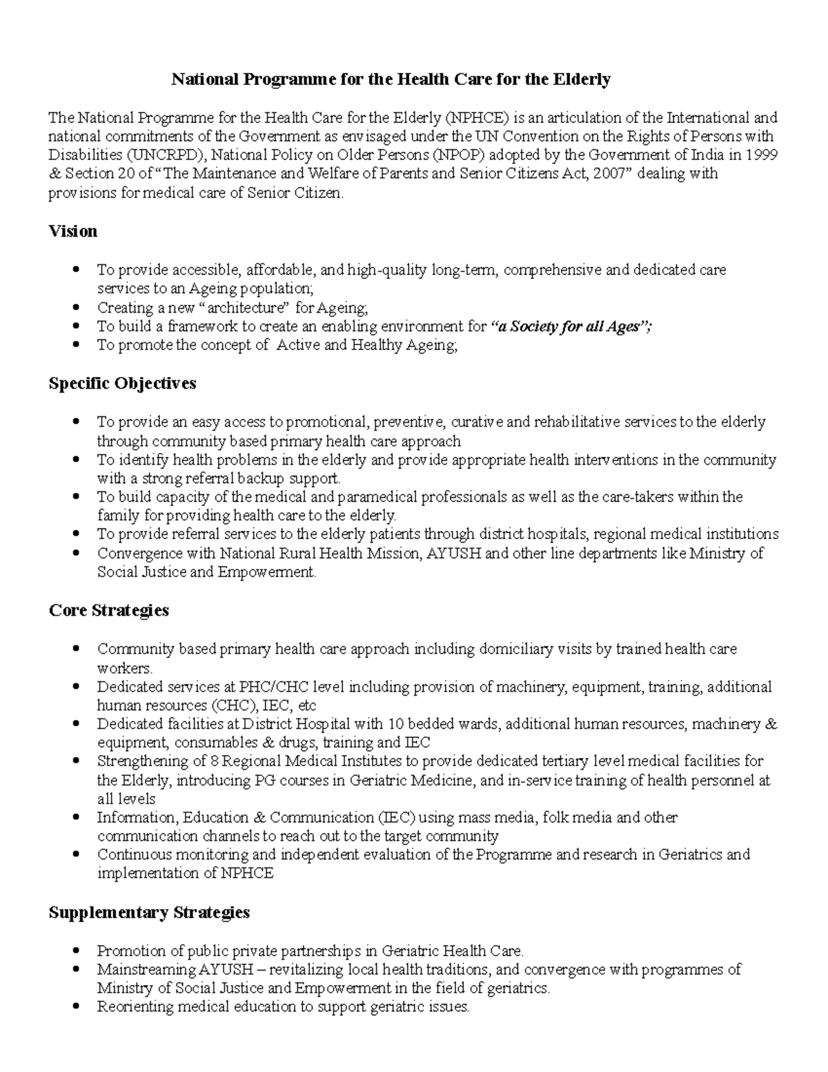National Programme for the Health Care for the Elderly - Vision To ...