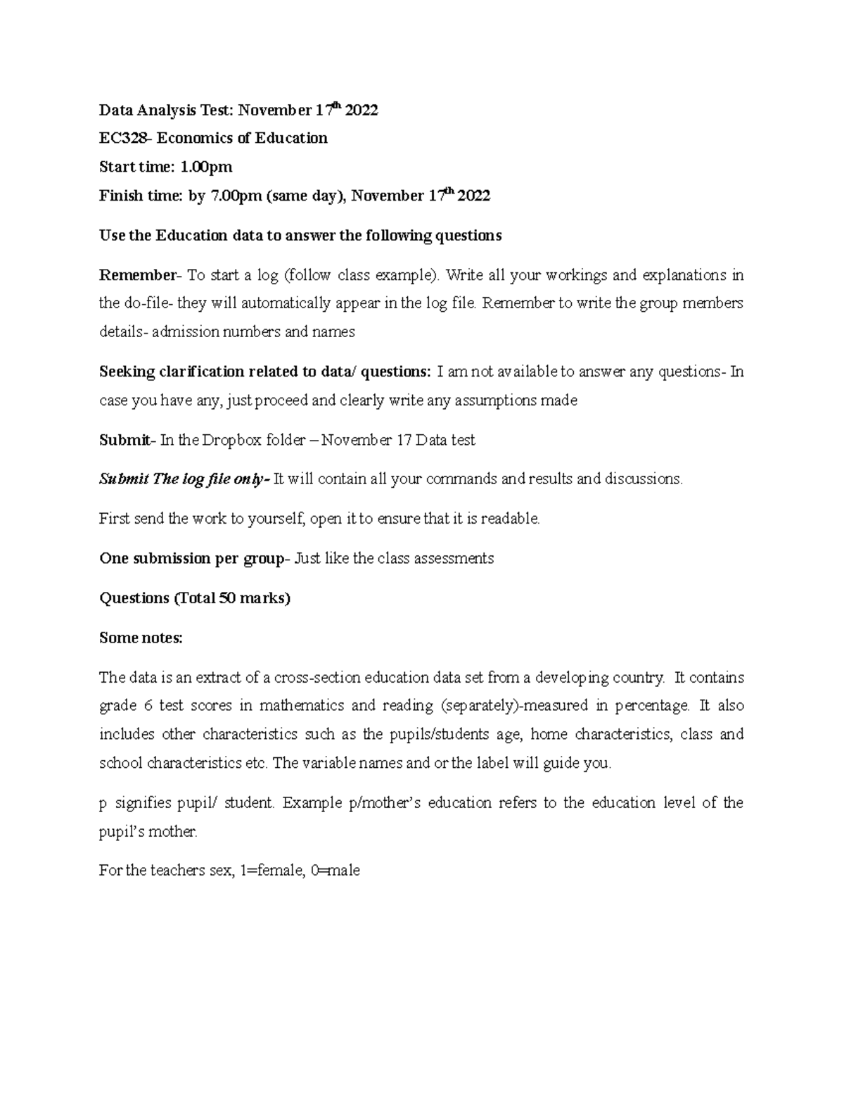 EC328 data analysis test - Data Analysis Test: November 17th 2022 EC328 ...