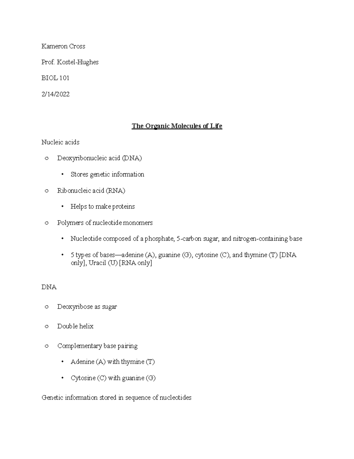 BIOL 101 Notes 2-14-2022 - Kameron Cross Prof. BIOL 101 The Organic ...