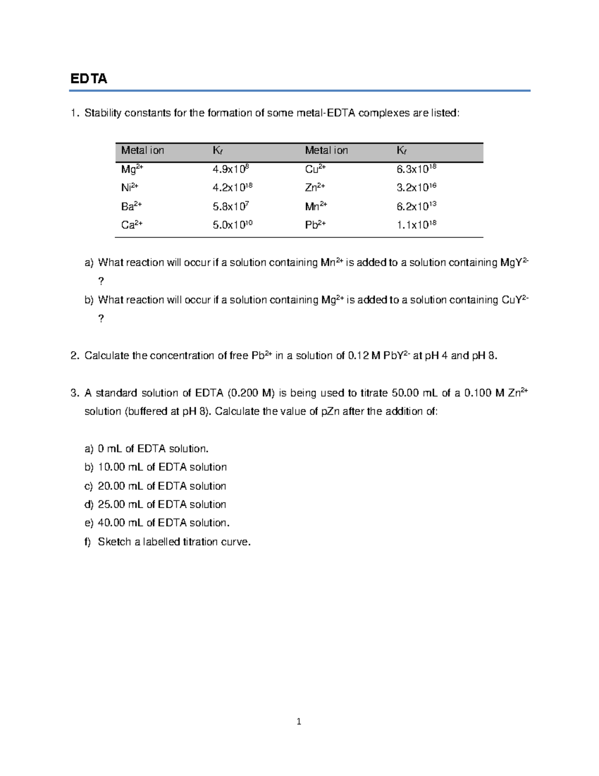 Tutorial for EDTA and precipitation - 1 EDTA Stability constants for ...
