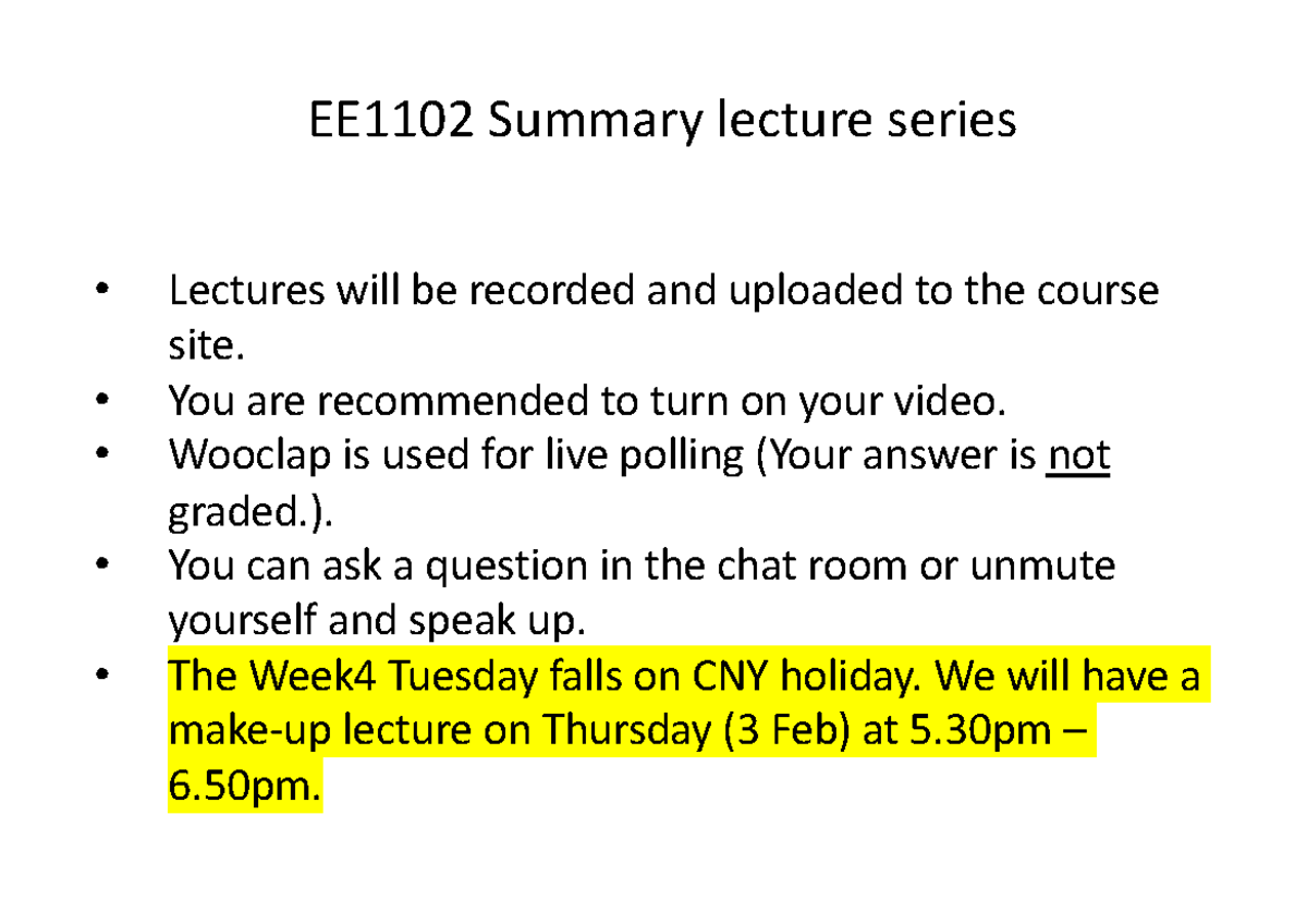 Summary Week 03 - aaaaaaaaaaaaaaaaaaaaaaaaaaaaa - EE1102 Summary lecture series Lectures will be ...