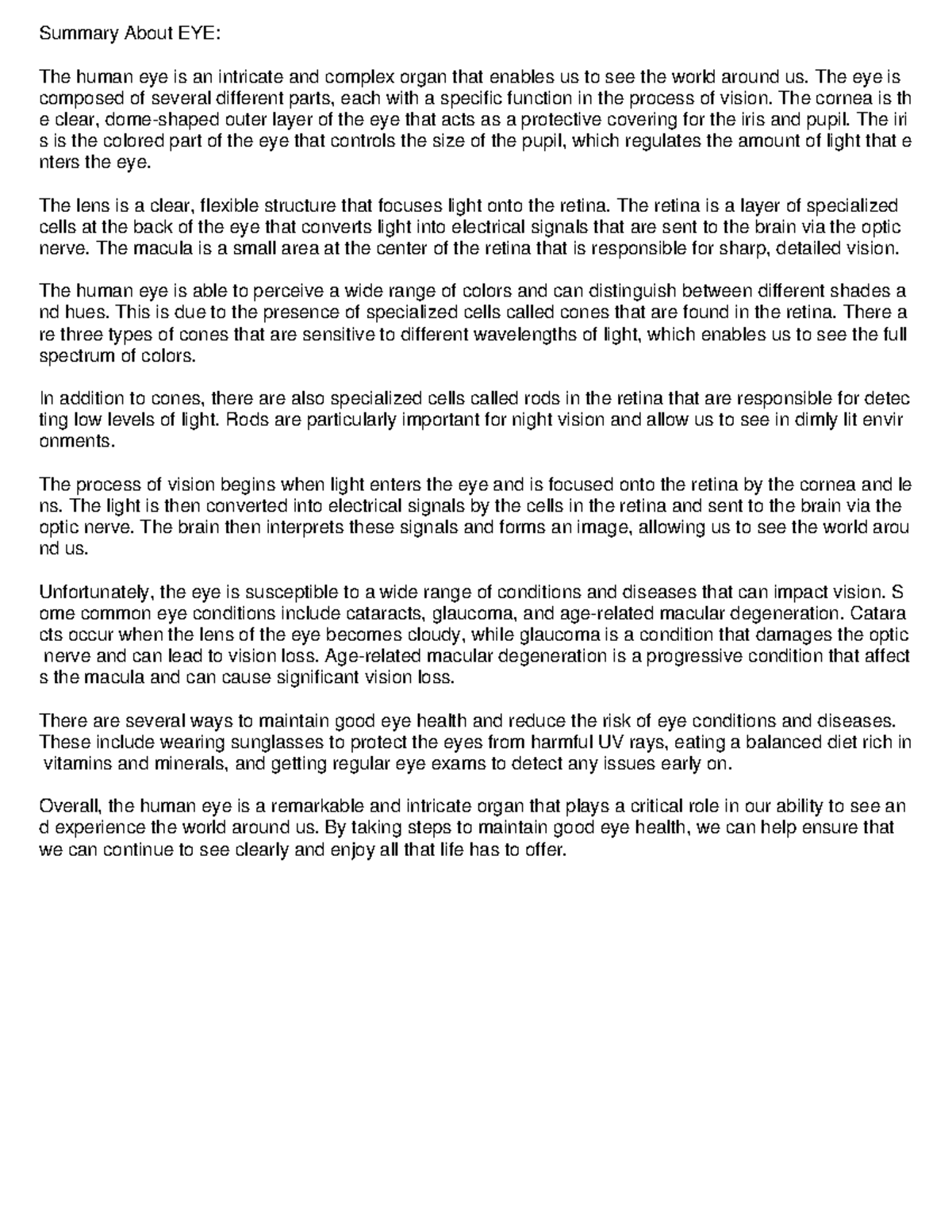 About EYES Summary - Summary About EYE: The human eye is an intricate ...