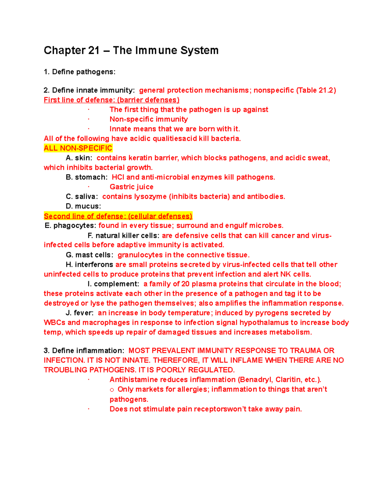 Chapter 21 – The Immune System - Chapter 21 – The Immune System Define pathogens: Define innate ...