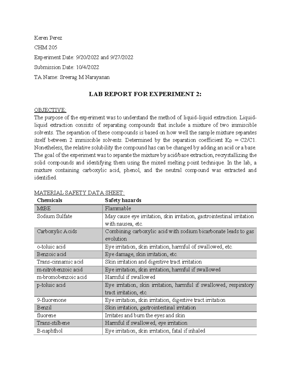 Expt 2 Report Perez - Keren Perez CHM 205 Experiment Date: 9/20/2022 and 9/27/ Submission Date ...