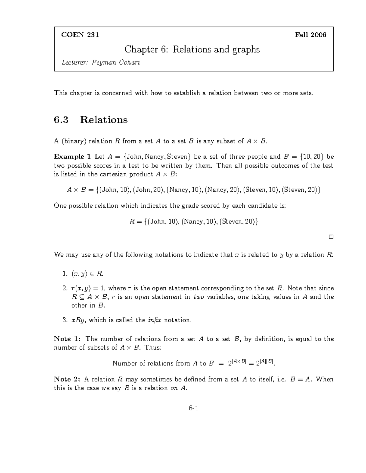 6 - COEN 231 chapter 6 - COEN 231 Fall 2006 Chapter 6: Relations and graphs Lecturer: Peyman ...