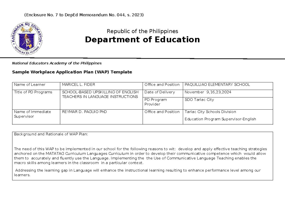 WAP English Fidermaricel-L - (Enclosure No. 7 to DepEd Memorandum No ...