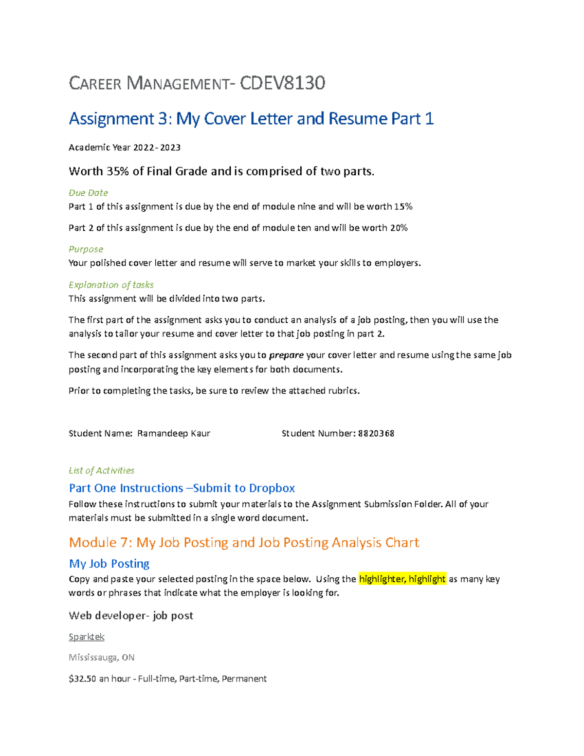 CDEV8130 Career Management Assignment 3 My Resume and Cover Letter Part ...