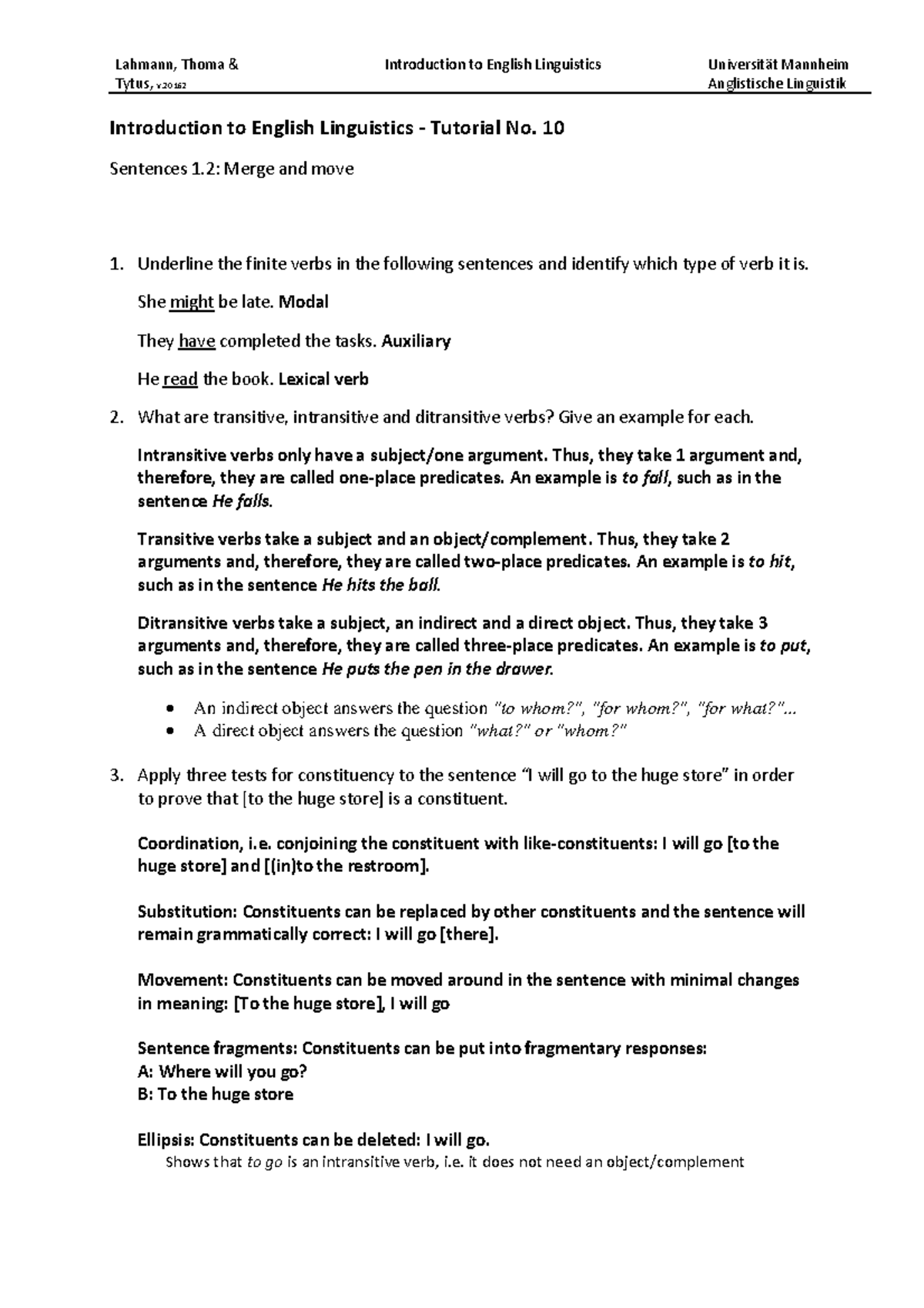 10 Tutorial Solutions - Lahmann, Thoma & Introduction to English Linguistics Universität - Studocu