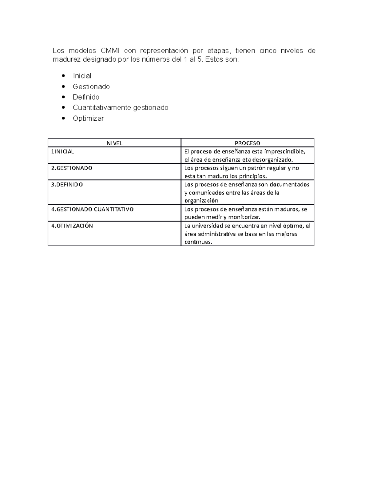 Los modelos CMMI con representación por etapas, tienen cinco niveles de ...