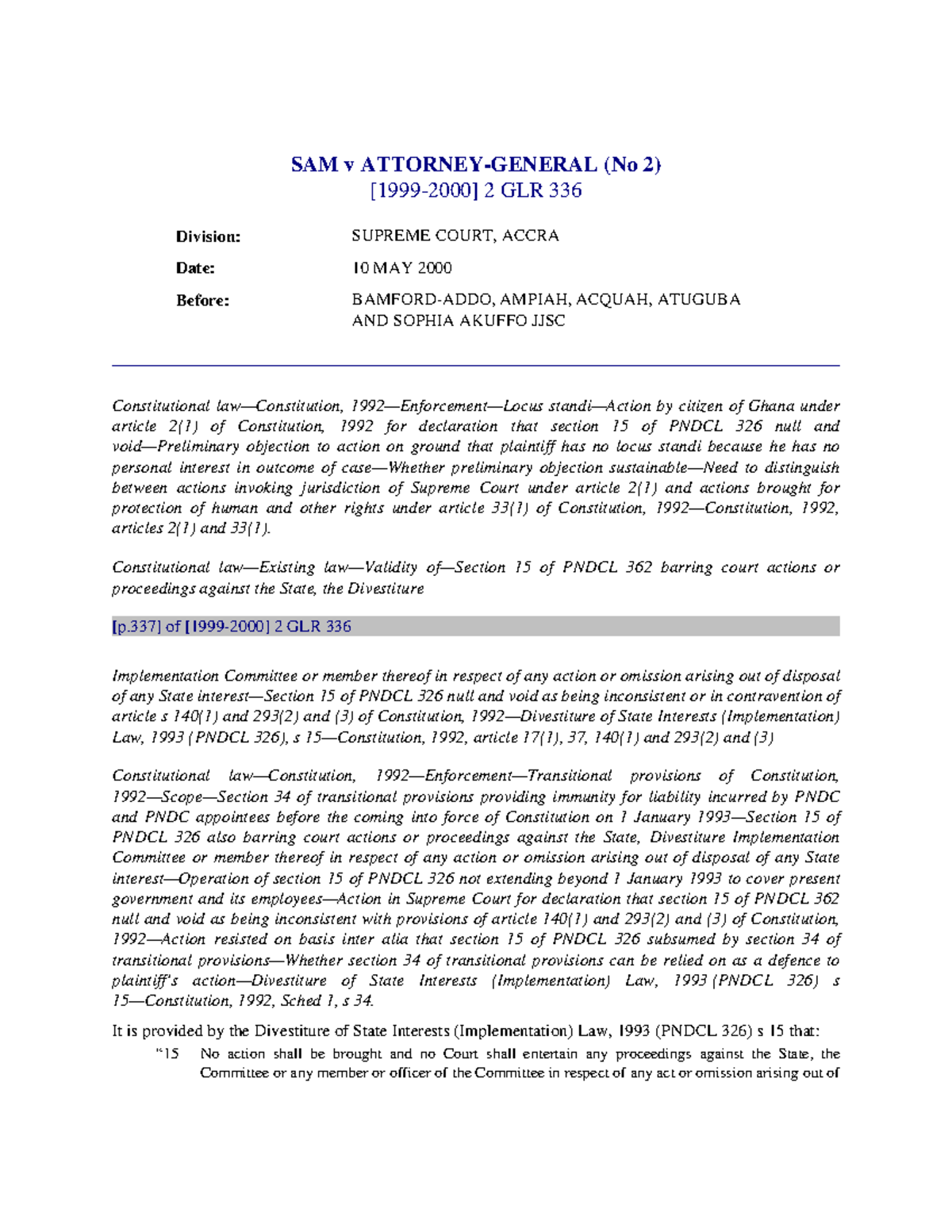 SAM v Attorney- General (No 2) - SAM v ATTORNEY-GENERAL (No 2) [1999 ...