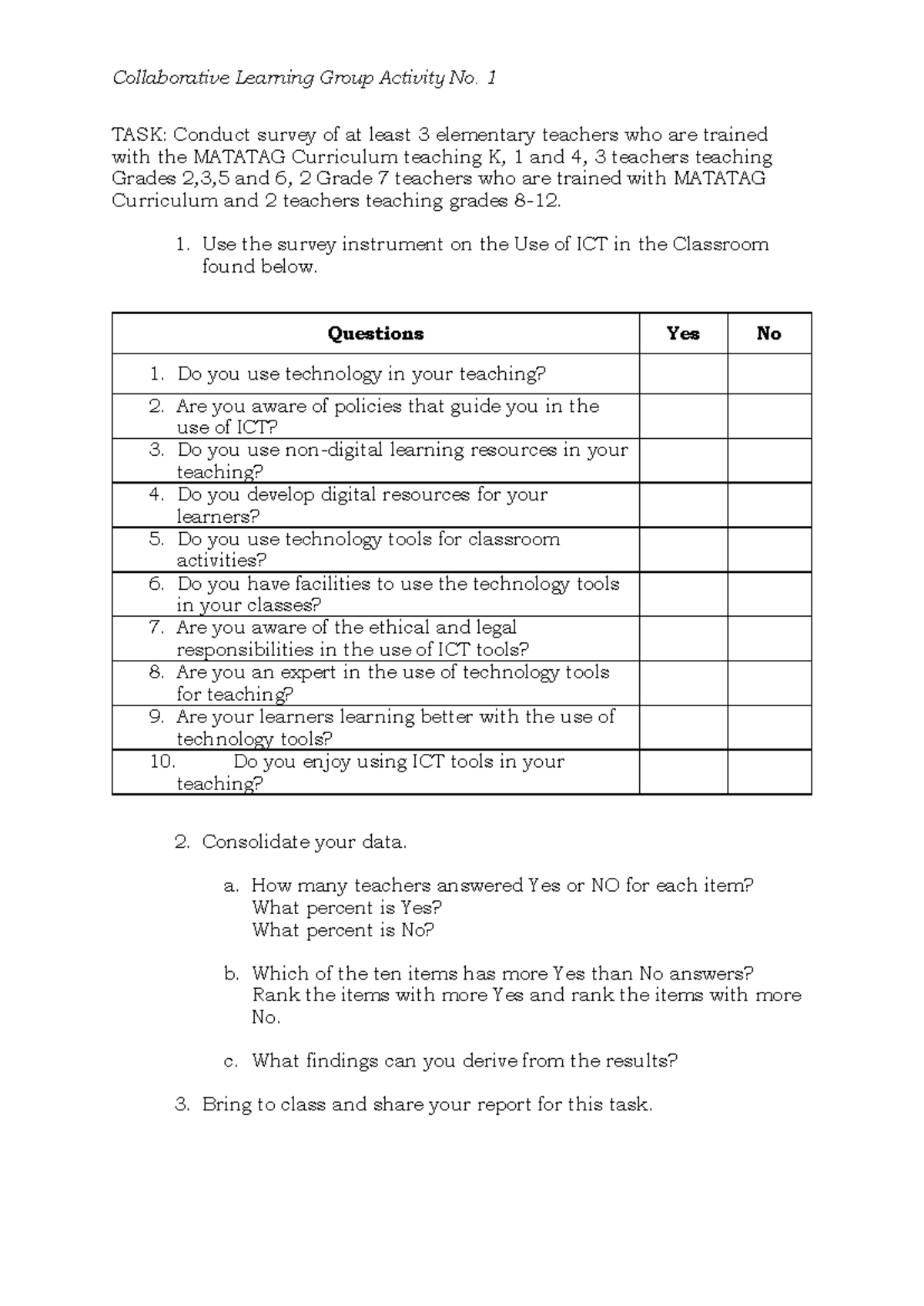 Collaborative Learning Group Activity No 1 - 1 TASK: Conduct survey of ...