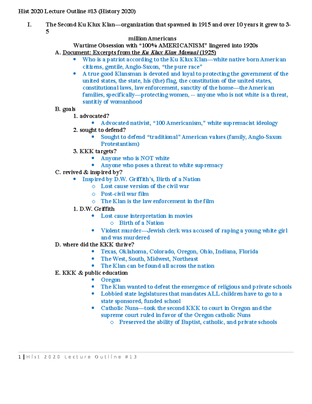 Hist 2020 lecture outline 13 - Hist 2020 Lecture Outline #13 (History ...