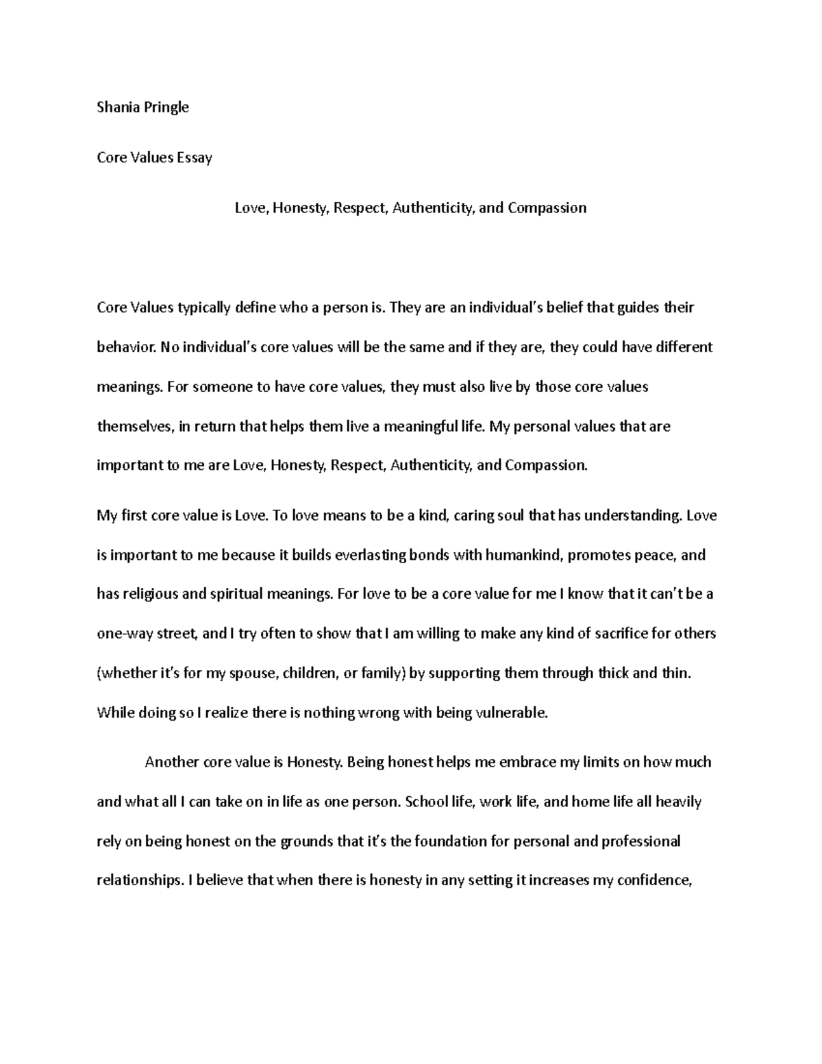 CORE Values Essay - Shania Pringle Core Values Essay Love, Honesty ...