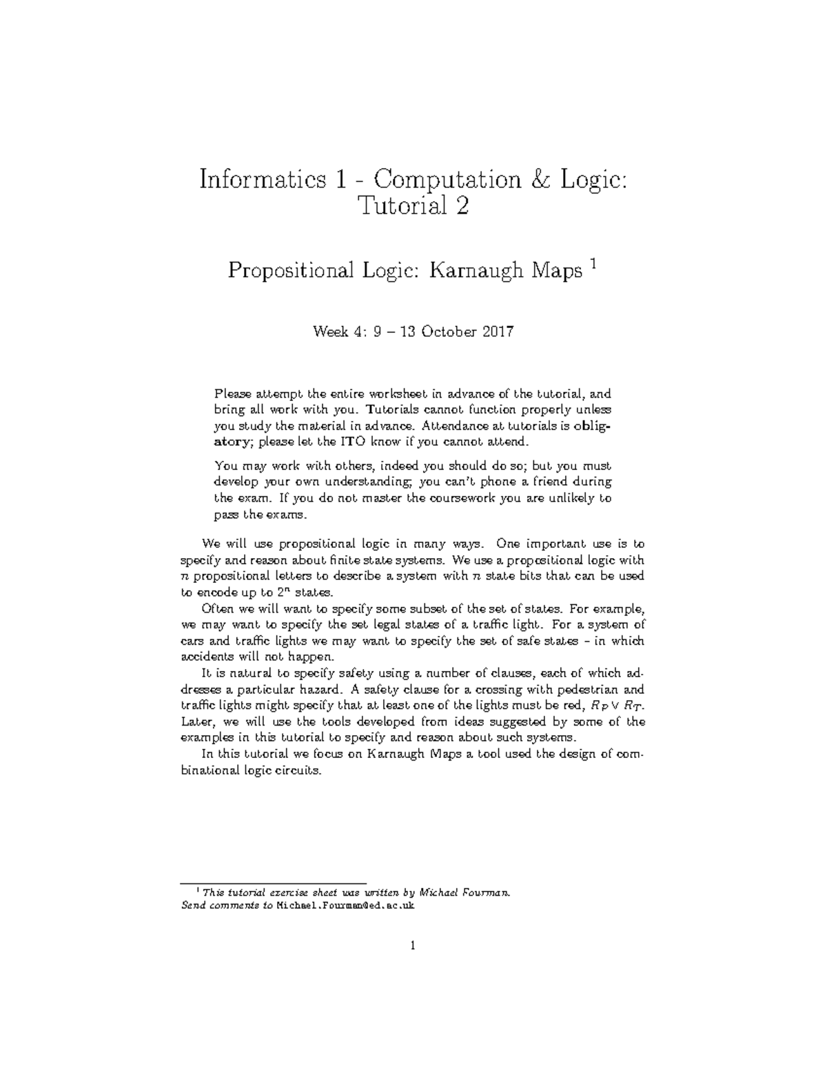 Solutions 2 - Propositional Logic: Karnaugh Maps - Informatics 1 - Computation & Logic: - Studocu
