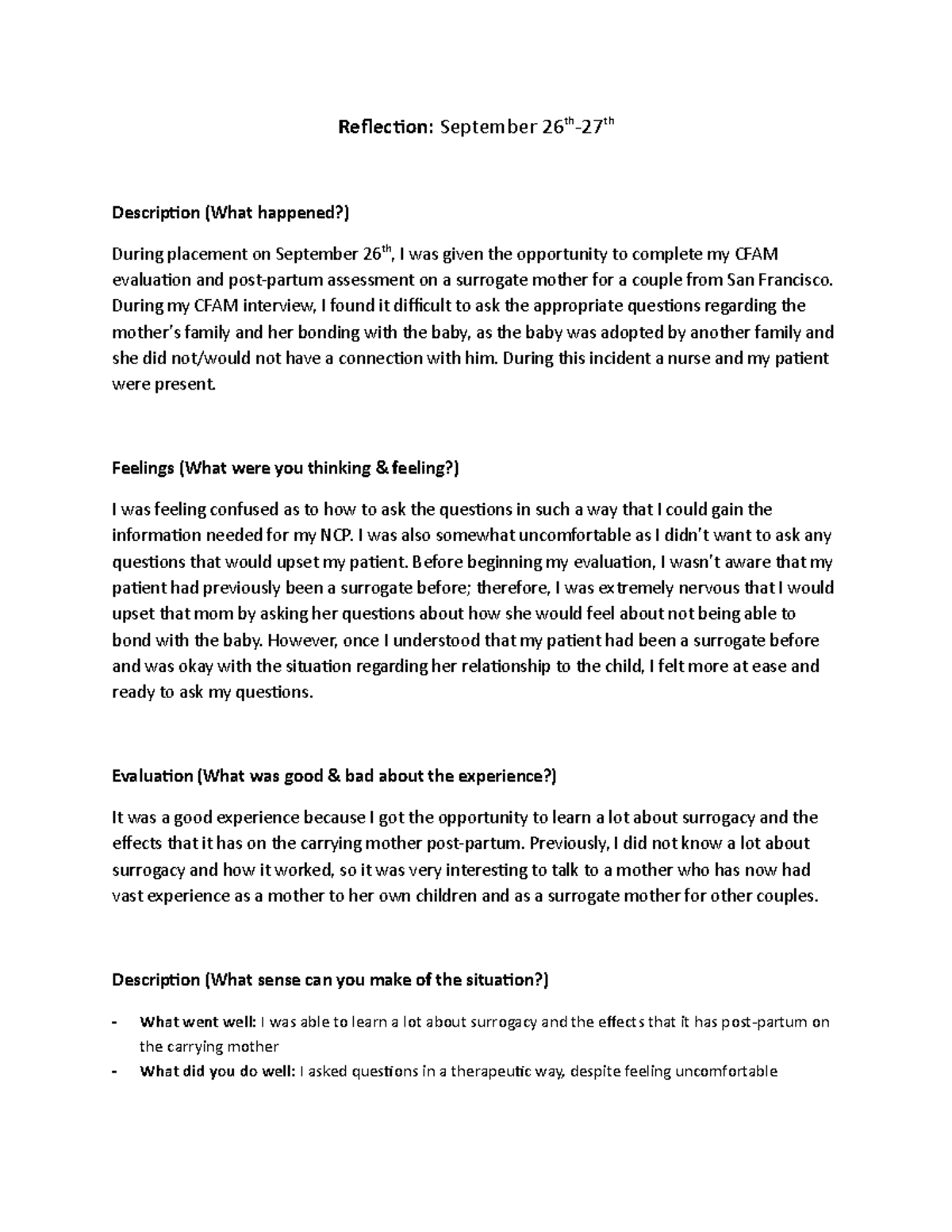 Reflective note on clinical experience - Reflection: September 26th ...