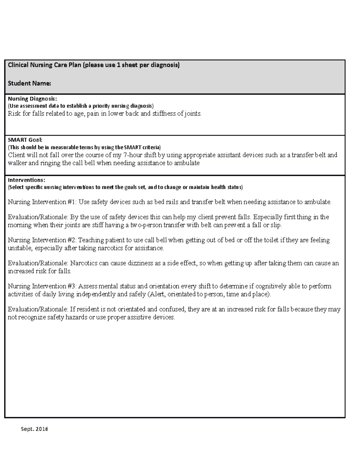 Nursing Care Plan - SMART Goal: (This should be in measurable terms by ...