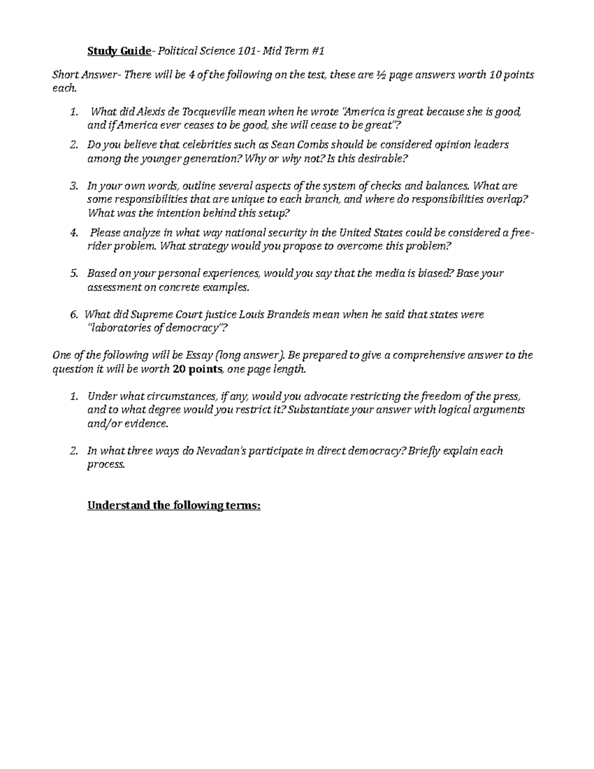 Study Guide Exam #1 - Study Guide - Political Science 101- Mid Term ...