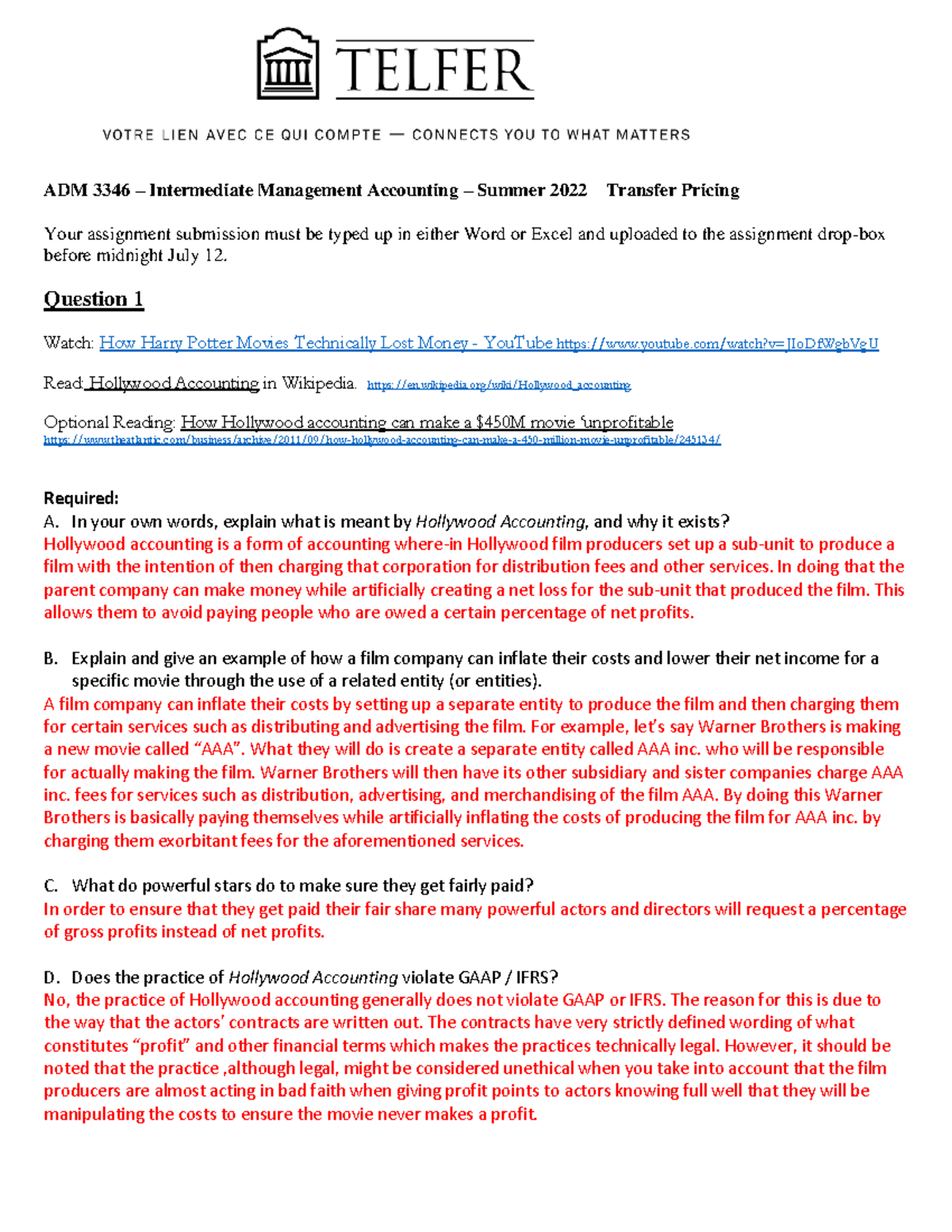 Cost Accounting Assignement 4 - ADM 3346 – Intermediate Management ...