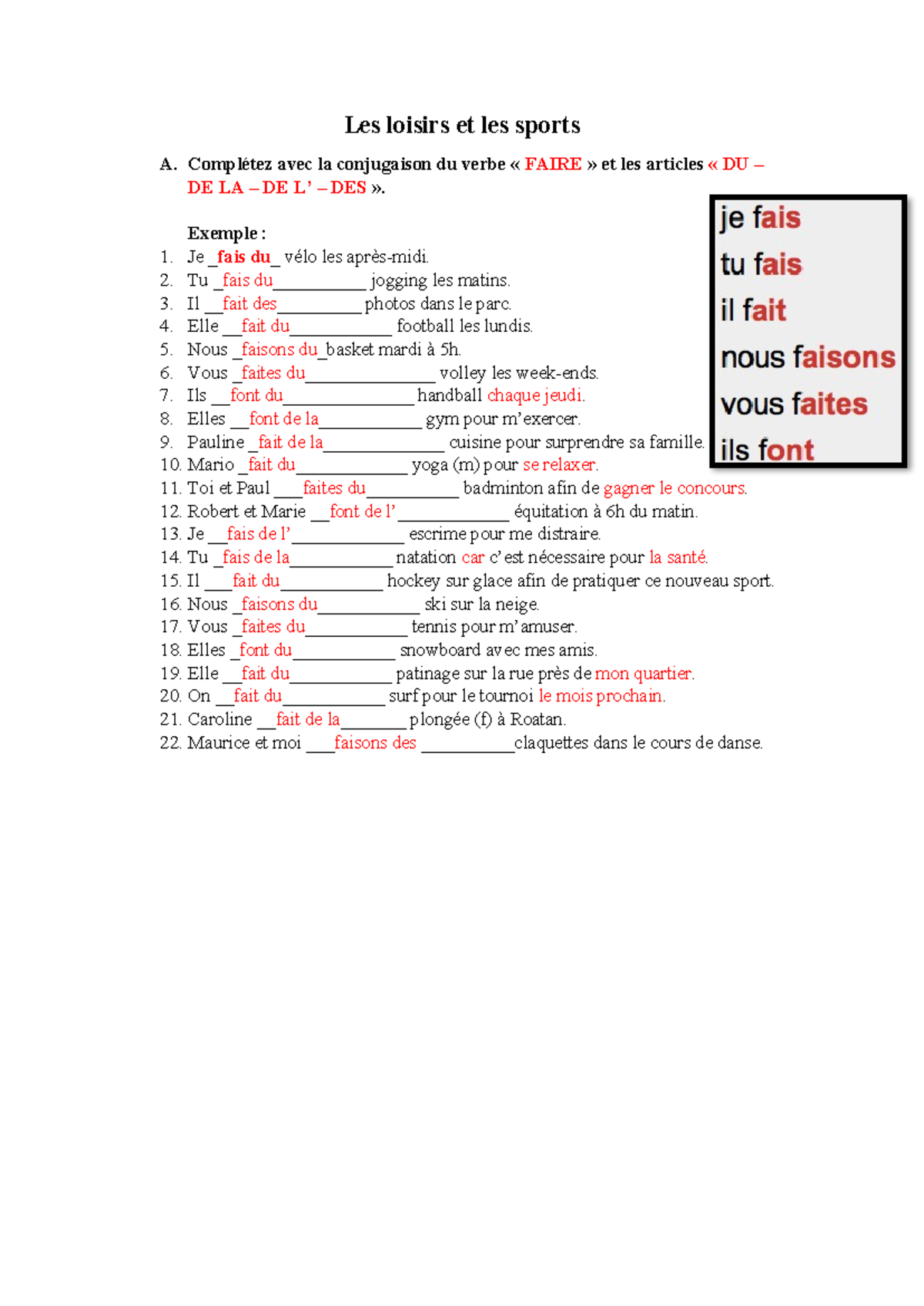 Les loisirs et les sports - Complétez avec la conjugaison du verbe ...