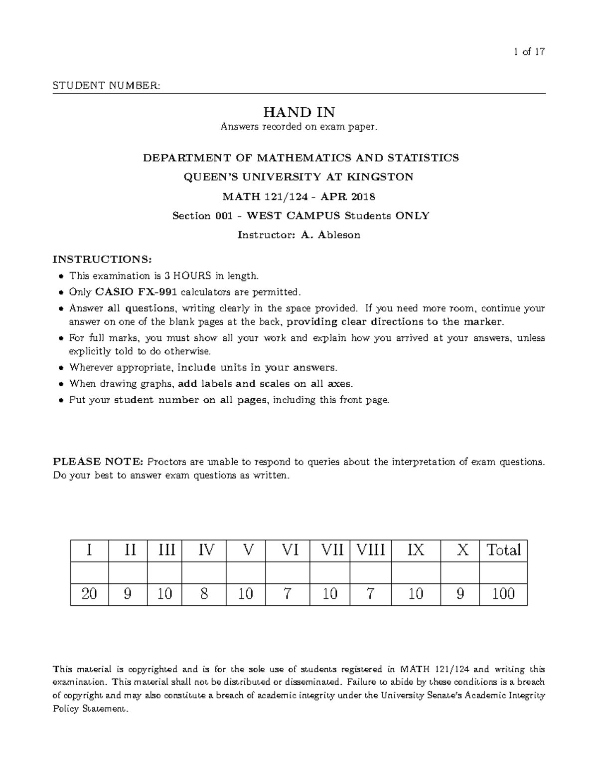 Sample/practice exam 2018, questions - STUDENT NUMBER: HAND IN Answers ...