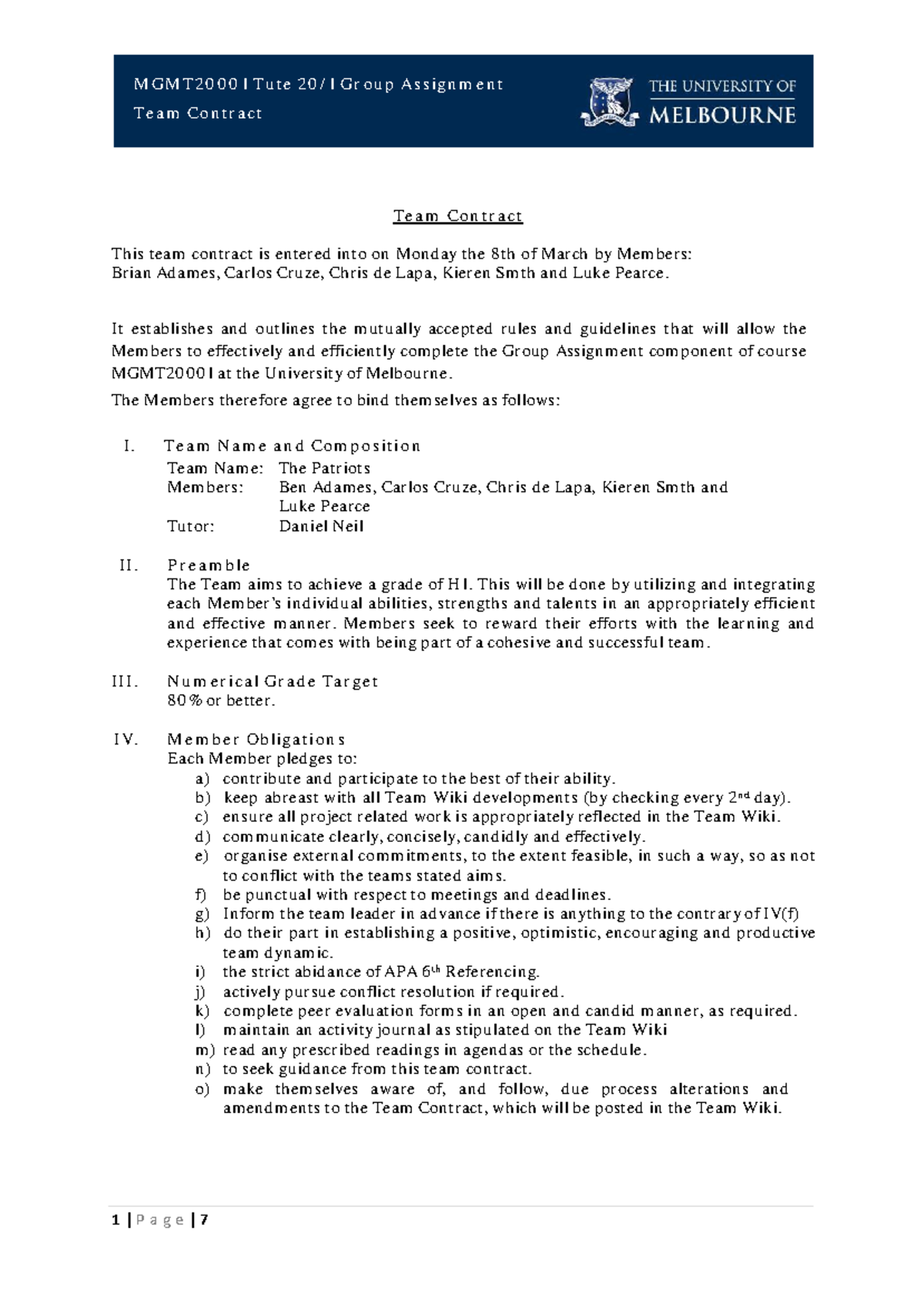 Example Team Contract - MGMT 20001 Tute 20/ 1 Group Assignment Team ...