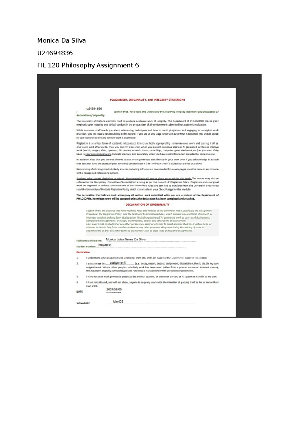 FIL Summary - Monica Da Silva U FIL 120 Philosophy Assignment 6 In this ...