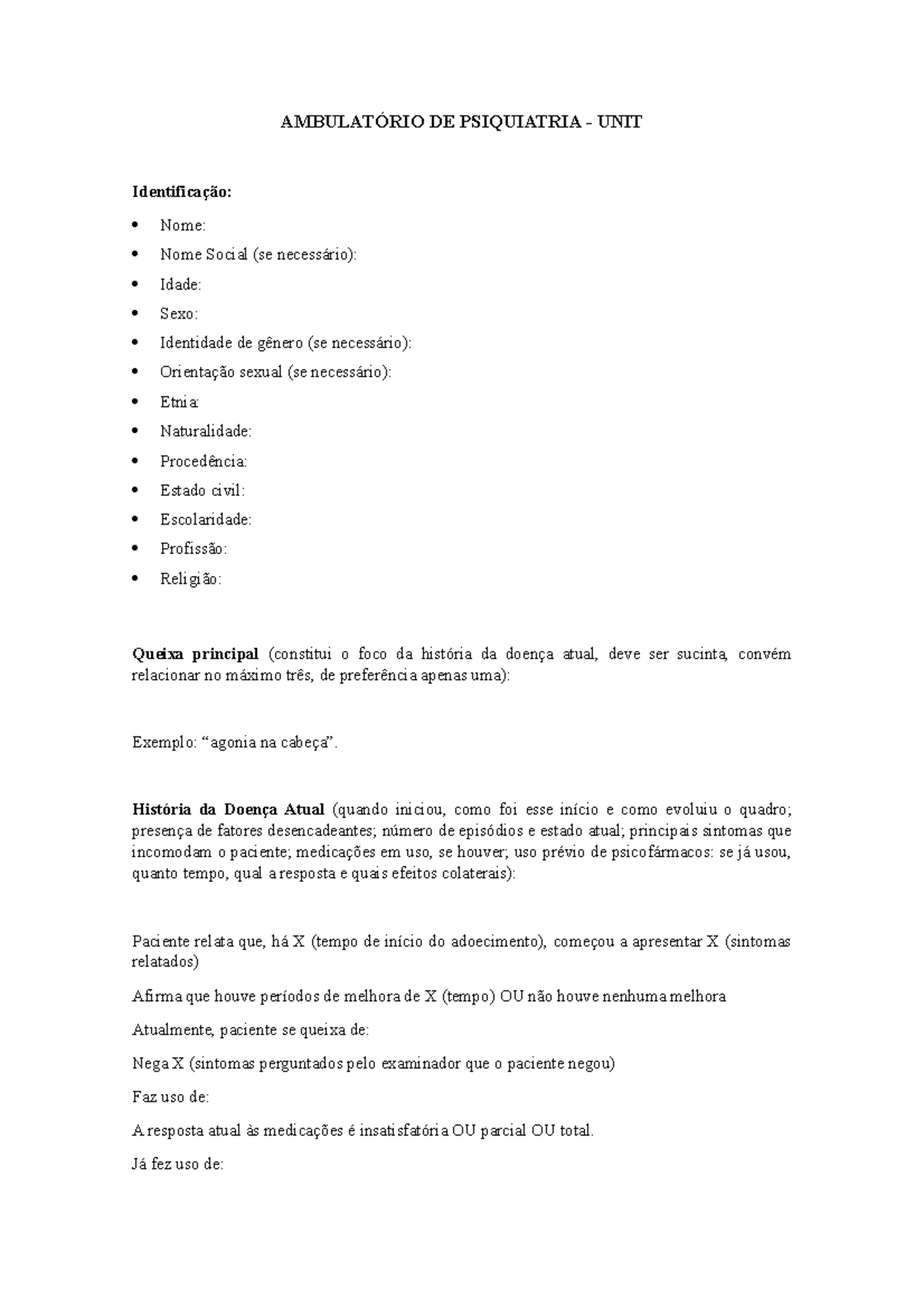Ficha 1a VEZ Anamnese Psiquiatria Policlínica UNIT - AMBULATÓRIO DE ...