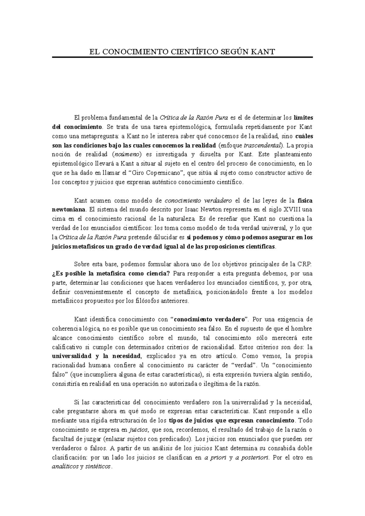 EL Conocimiento Cientifico Segun KANT - EL CONOCIMIENTO CIENTÍFICO SEGÚN KANT El problema - Studocu