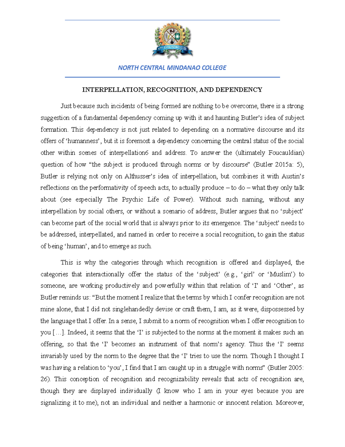 Interpellation, Recognition, AND Dependency - NORTH CENTRAL MINDANAO ...