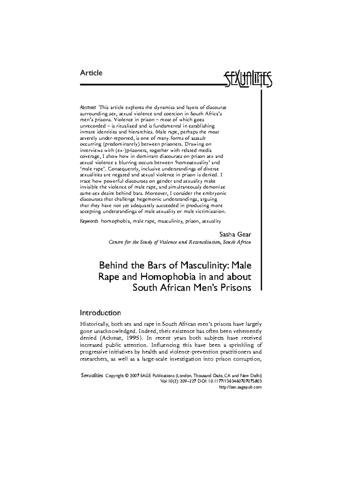 Behind the bars of Masculinity - Abstract This article explores the dynamics and layers of ...
